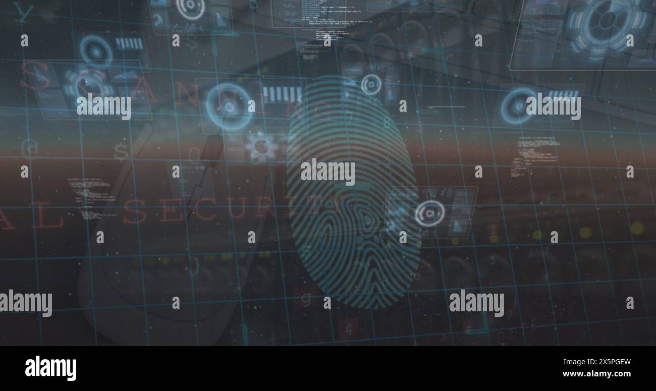 Image of data processing and security fingerprint over blue background ...