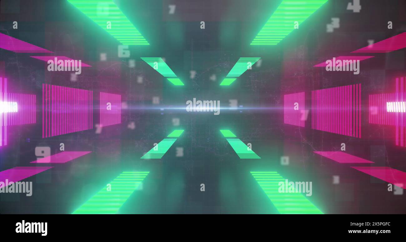 Image of green and pink neon lights and data processing on black background Stock Photo - Alamy