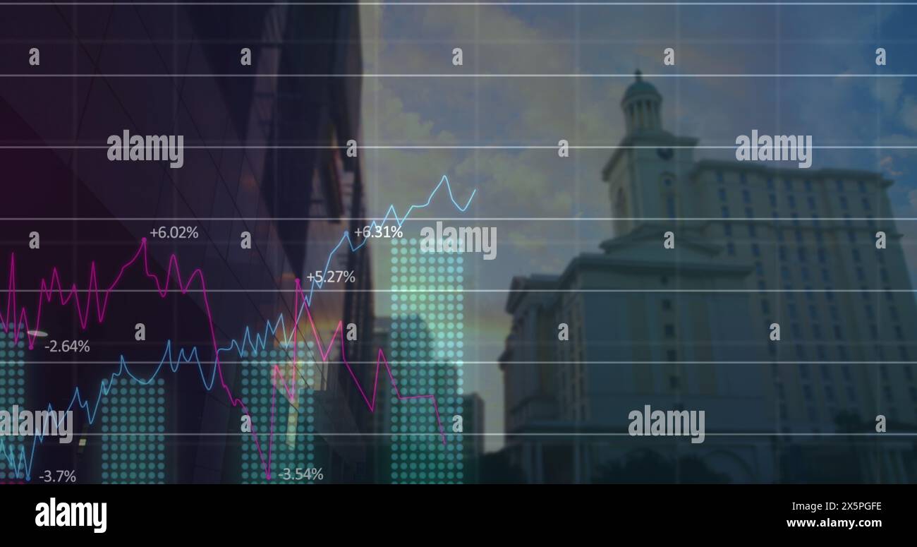 Image of graphs with financial data moving with lines against buildings ...
