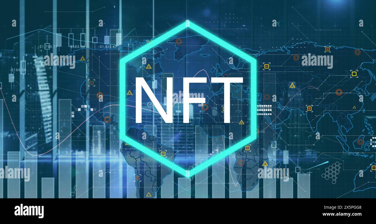 Image of nft symbol over graph and data processing over world map on ...