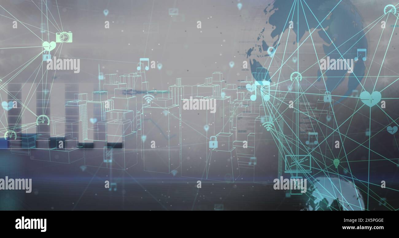 Image of data processing and network of connections over blue ...