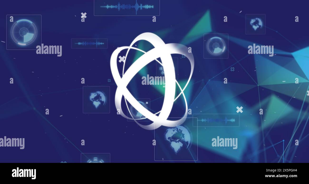 Image of abstract shape spinning over round scanners and plexus networks on blue background ...