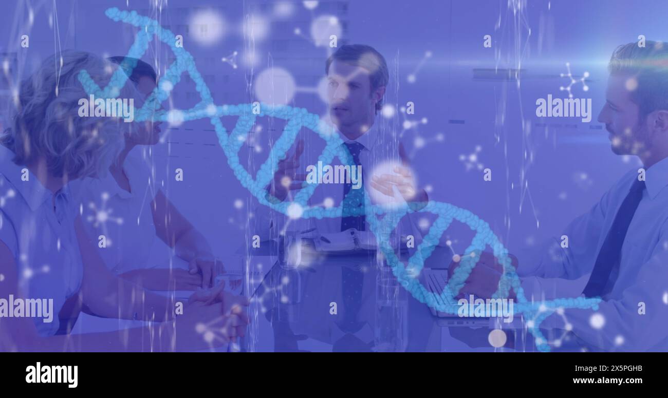 Image of shapes and dna strand over diverse business people in office ...