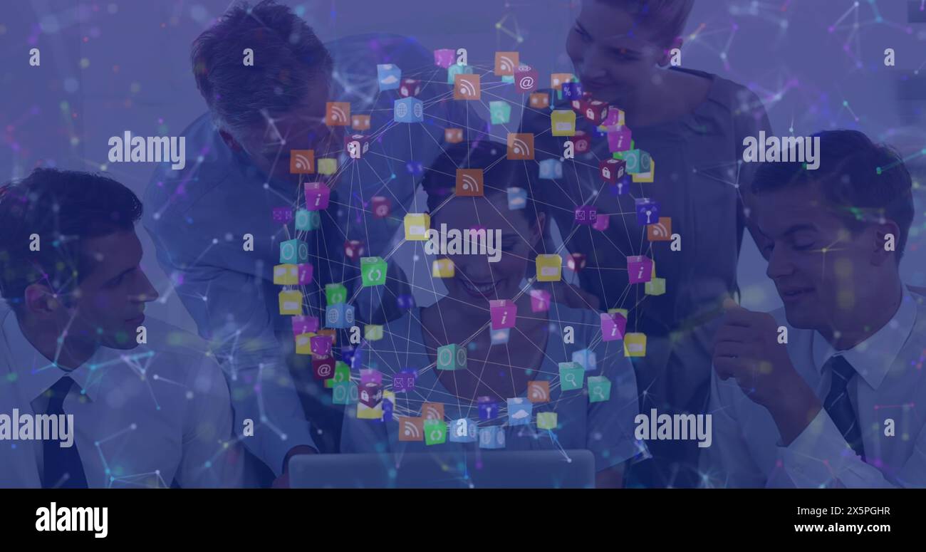 Image of data processing and media icons over caucasian business people ...