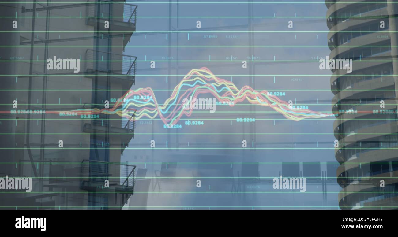 Image of financial data and graphs over city buildings Stock Photo - Alamy