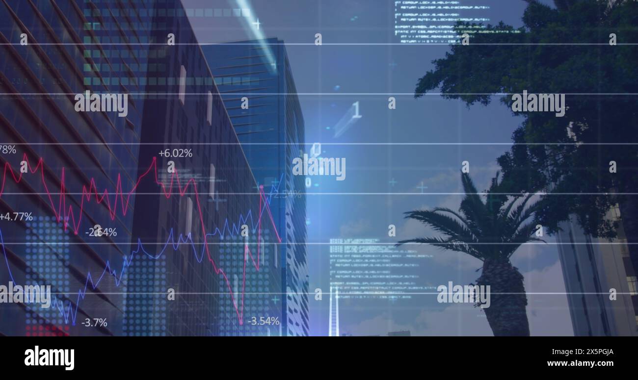 Image of financial data and graphs over city buildings Stock Photo - Alamy