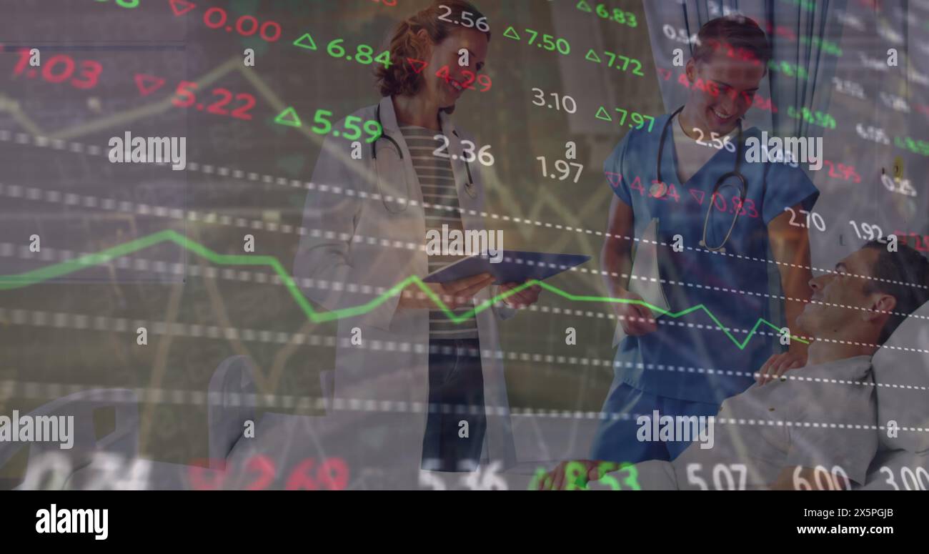 Image of financial data and graphs over caucasian female and male ...