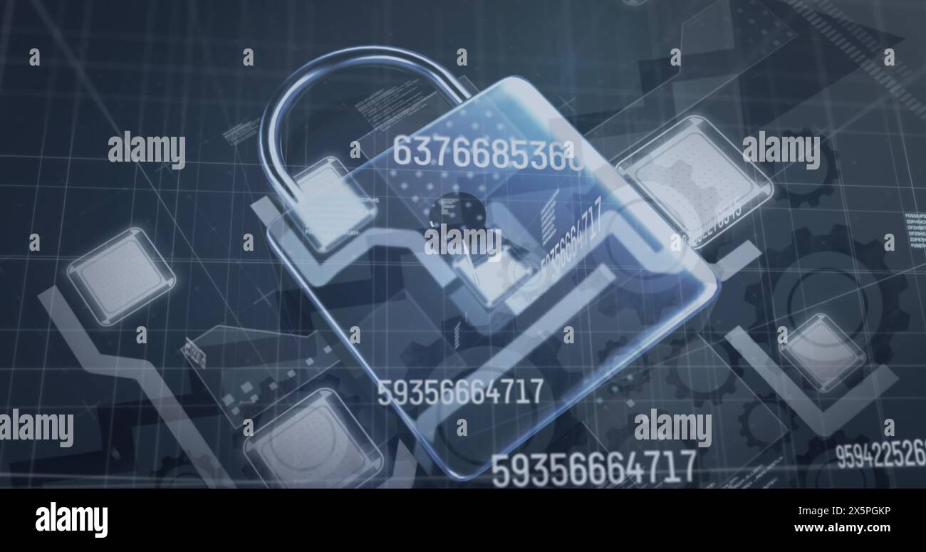 Image of security padlock and data processing over black background Stock Photo - Alamy