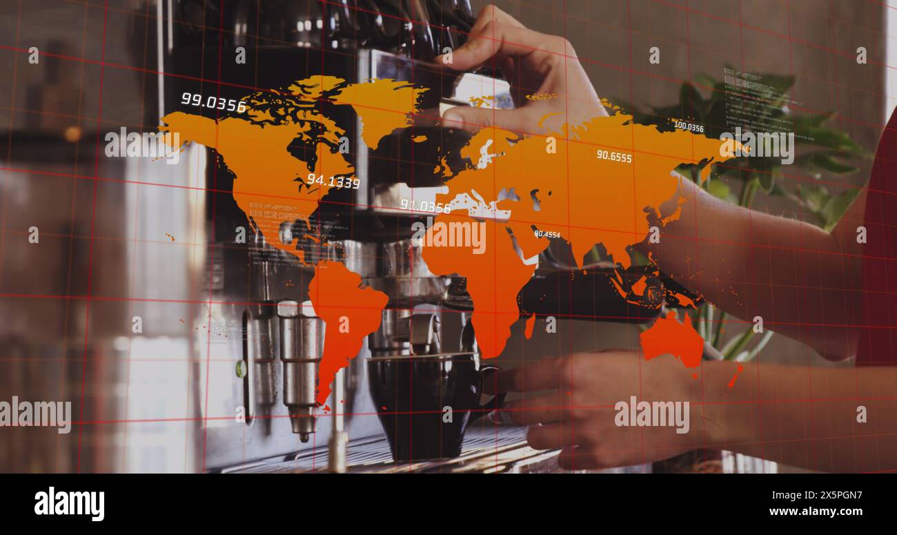 Image of map, numbers, cropped hands of caucasian woman preparing ...