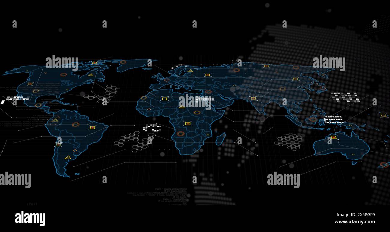 Image of world map and icons over black background Stock Photo - Alamy