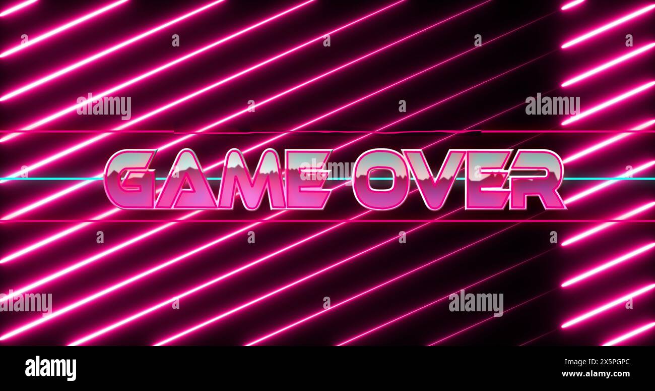 Image of game over text in white letters over purple moving red light ...