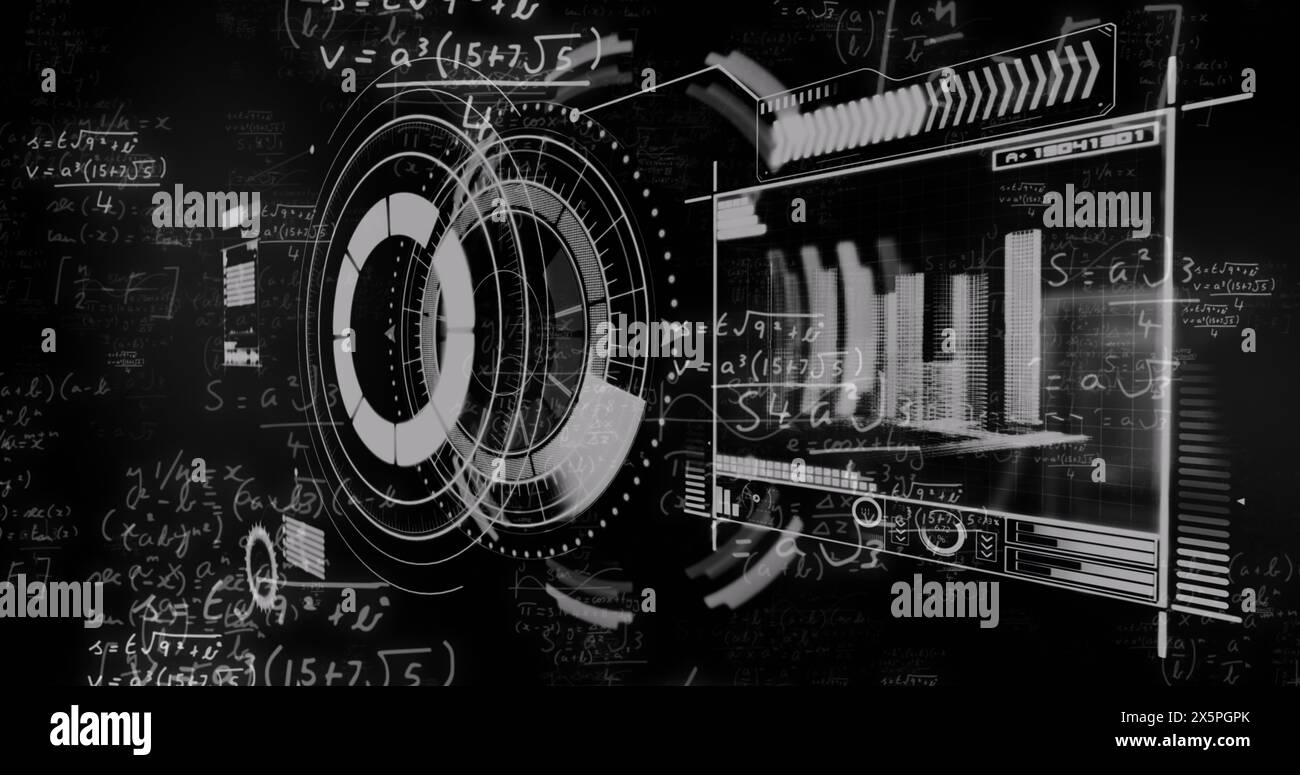 Image of data processing and scope scanning with mathematical equations on black background ...