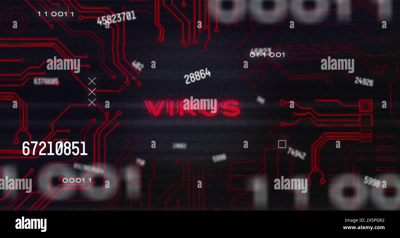 Image of multiple numbers, virus text and glitch technique over circuit board texture Stock ...