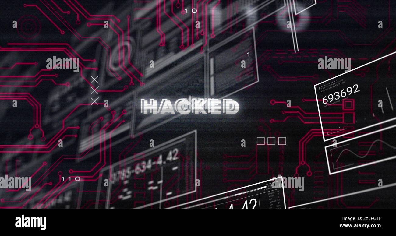 Image Of Hacked Text Hud Interfaces Binary Codes Circuit Board Texture Over Black Background 