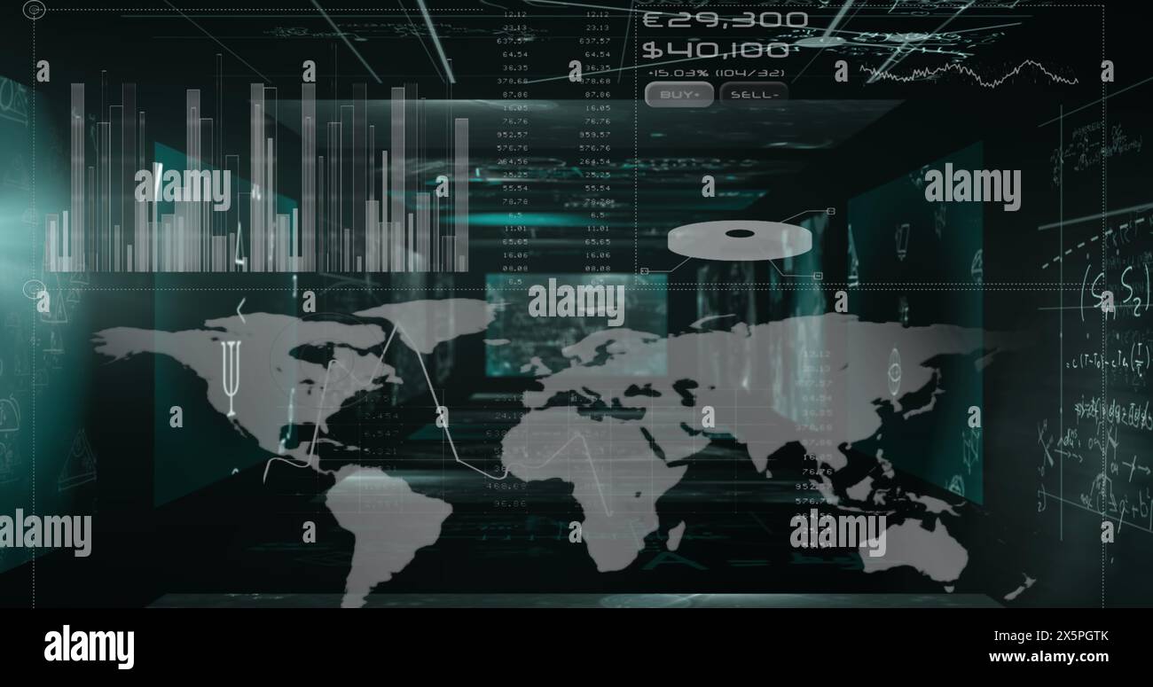Image of graphs, circle and numbers over map against mathematical ...