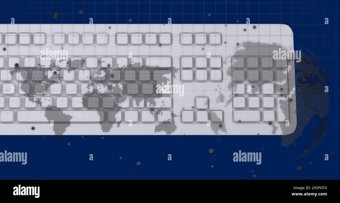 Image of data processing, globe and world map over computer keyboard Stock Photo - Alamy