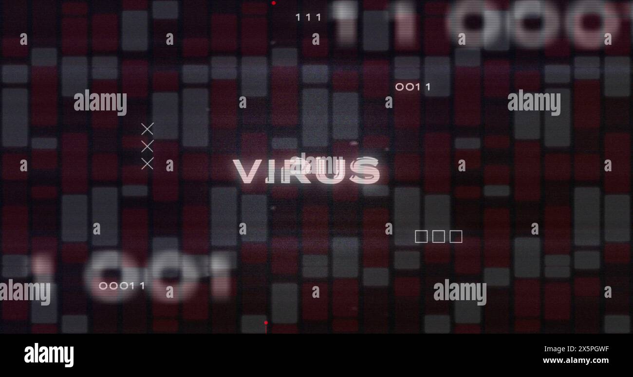 Image of virus text, circuit board texture, binary codes over red and white bars in background ...