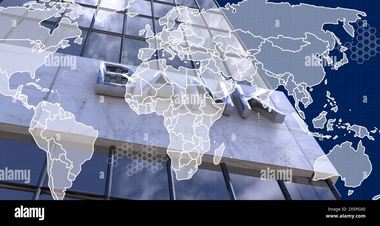 Image of data processing and world map over bank office building Stock ...