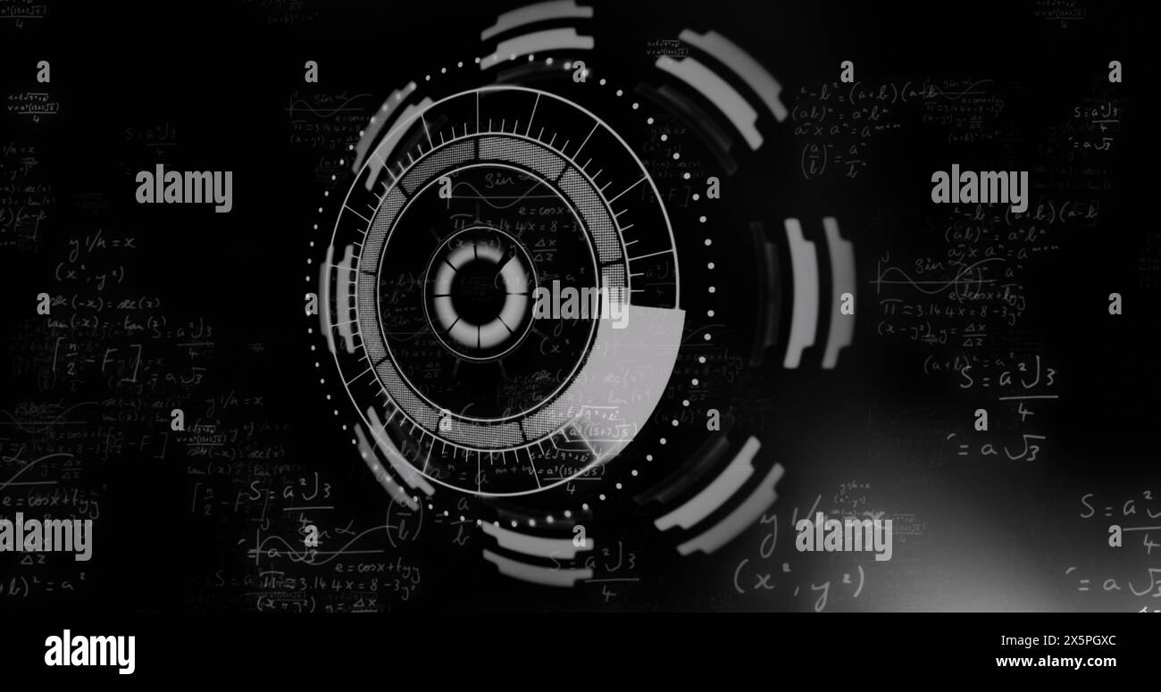 Image of data processing and scope scanning with mathematical equations on black background ...