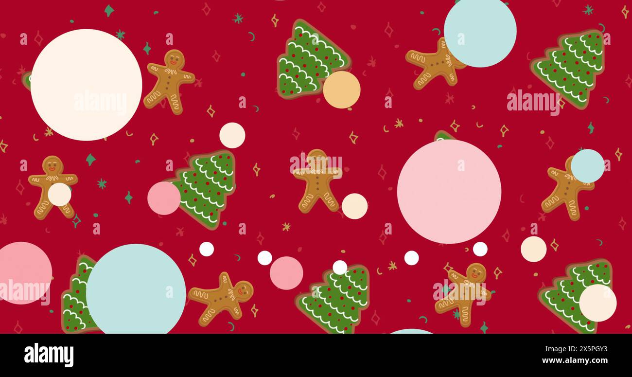 Gingerbread men, trees, and colorful circles decorating red background ...