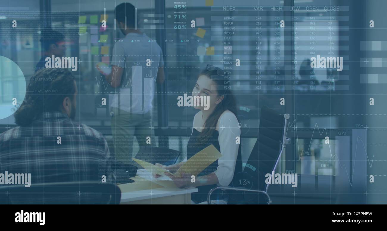 Image of infographic interface over diverse woman explaining reports to ...