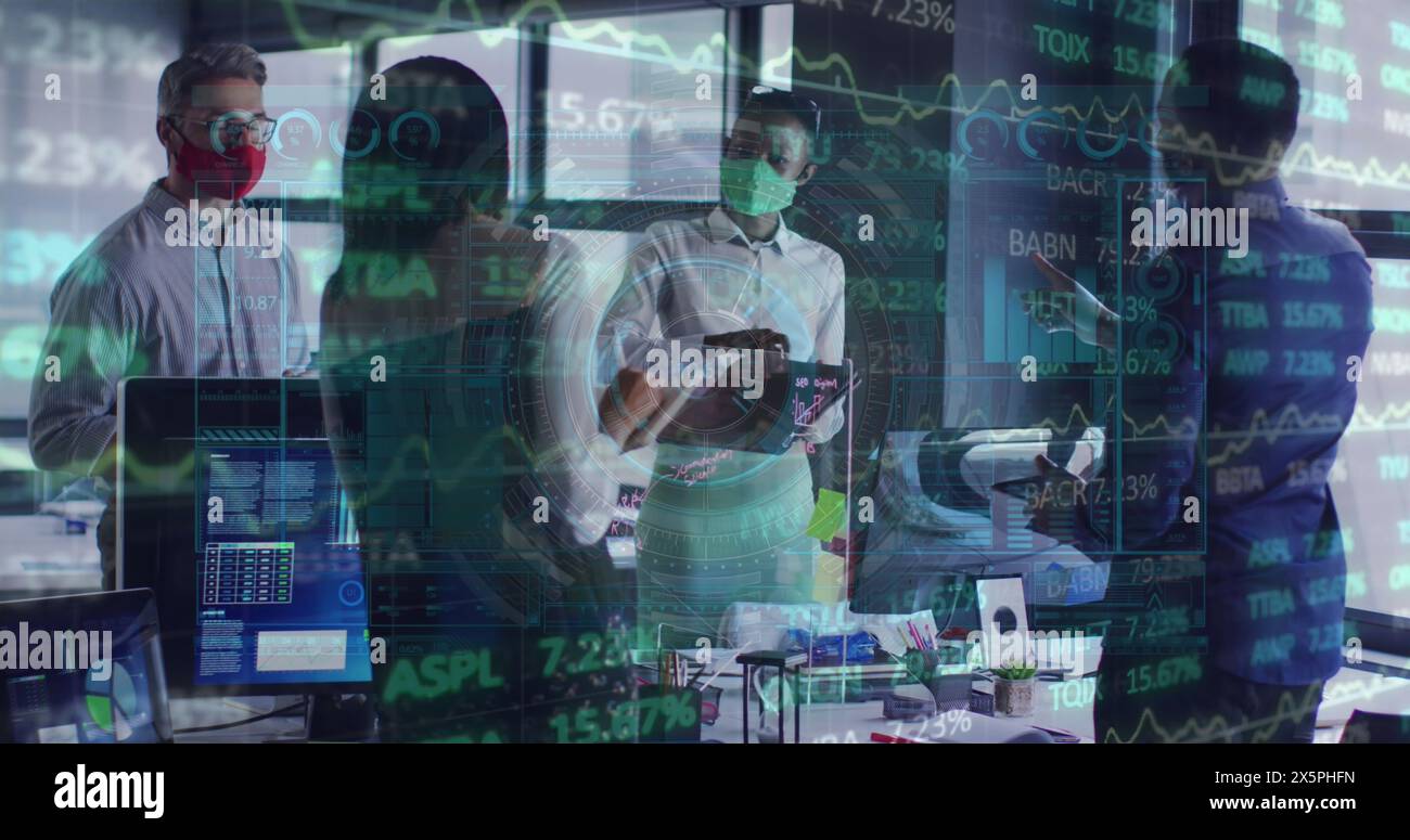 Image of trading board, circles, graph, radar, diverse coworkers with mask discussing reports ...