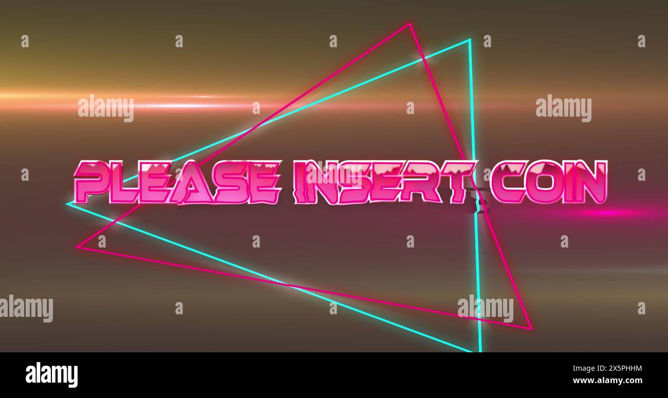 Image of please insert coin text and shapes over light trails on black ...