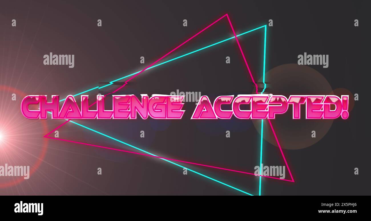 Image of challenge accepted text and shapes over light spots on black ...