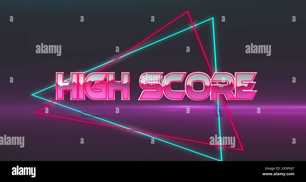 Image of high score text banner against pink light trails against grey ...