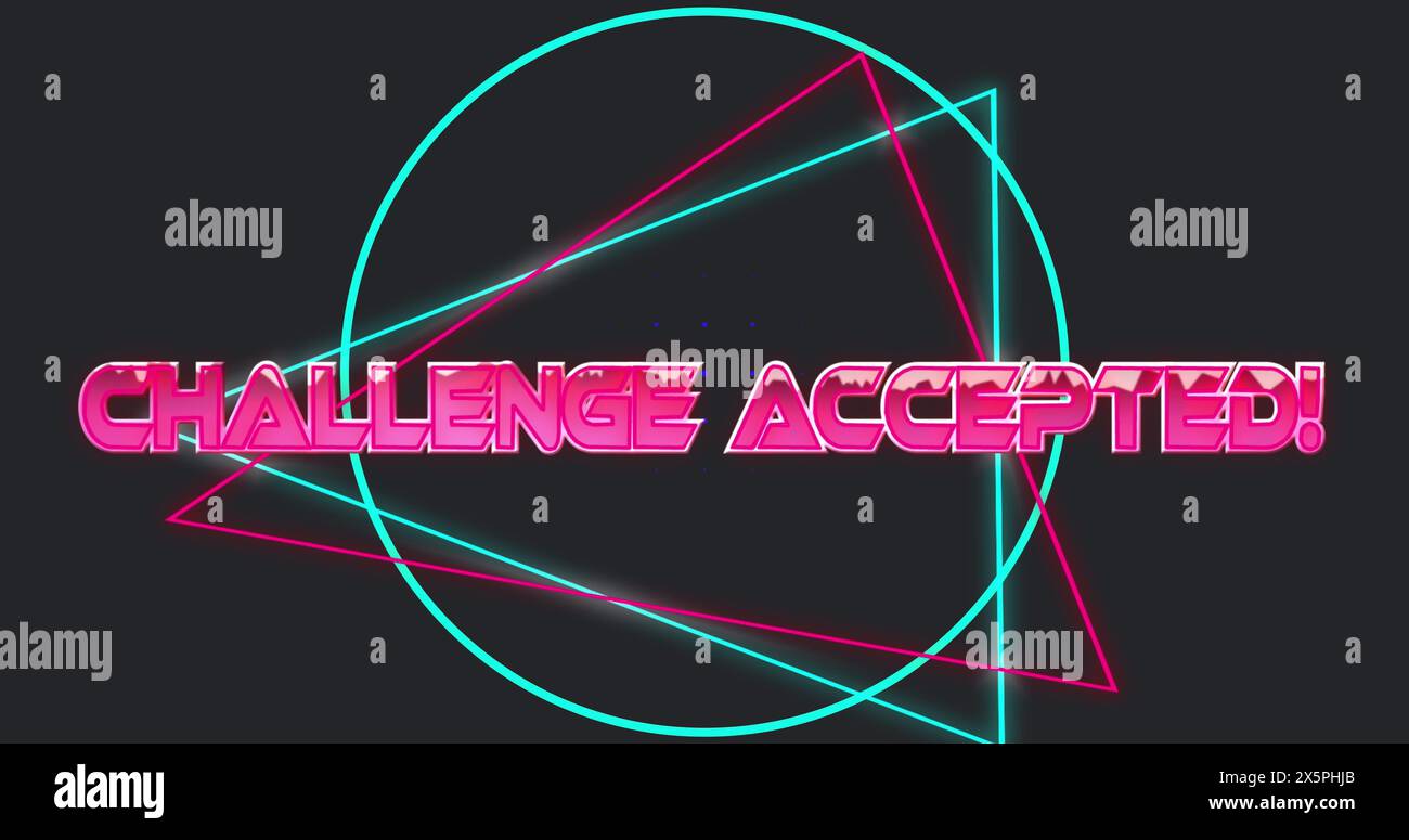 Image of challenge accepted text and shapes moving over black ...