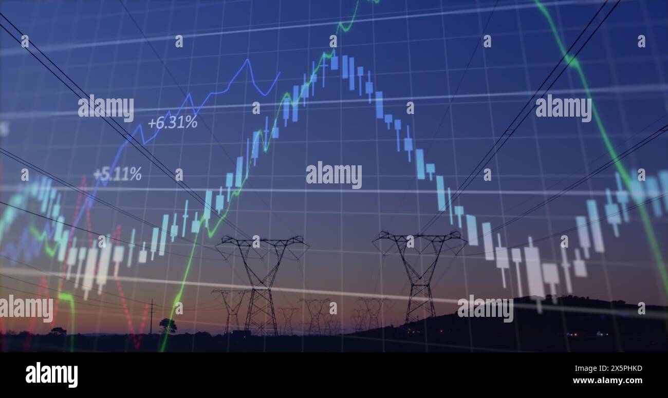 Image of financial data processing over electricity pylons Stock Photo ...