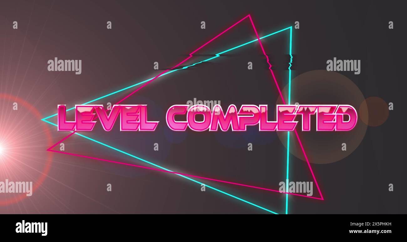 Image of level completed text and shapes over light spots on black ...