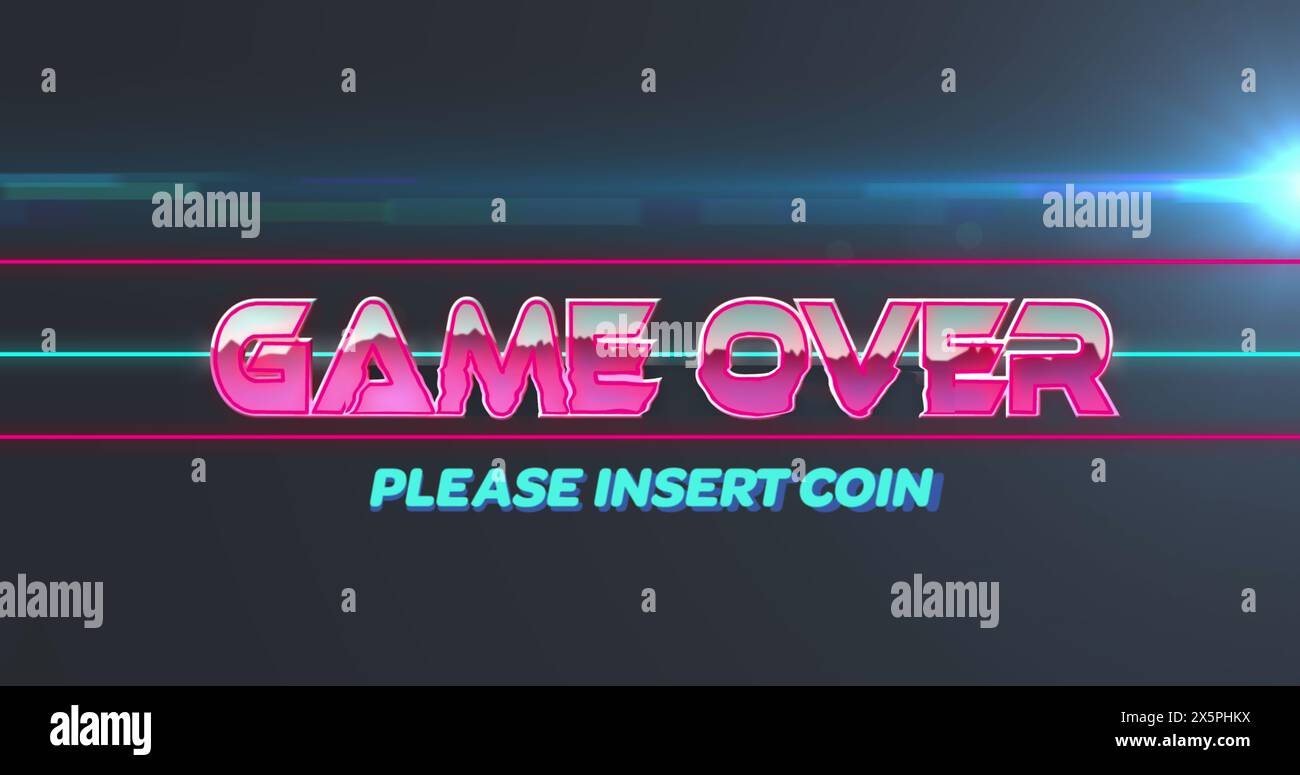 Image of game over please insert coin against blue light spot against ...