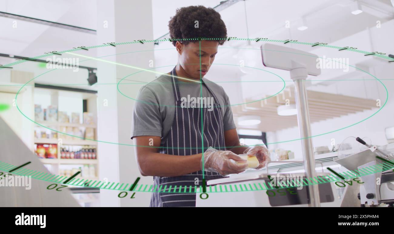 Image of numbers and data processing over biracial man serving food in shop Stock Photo - Alamy