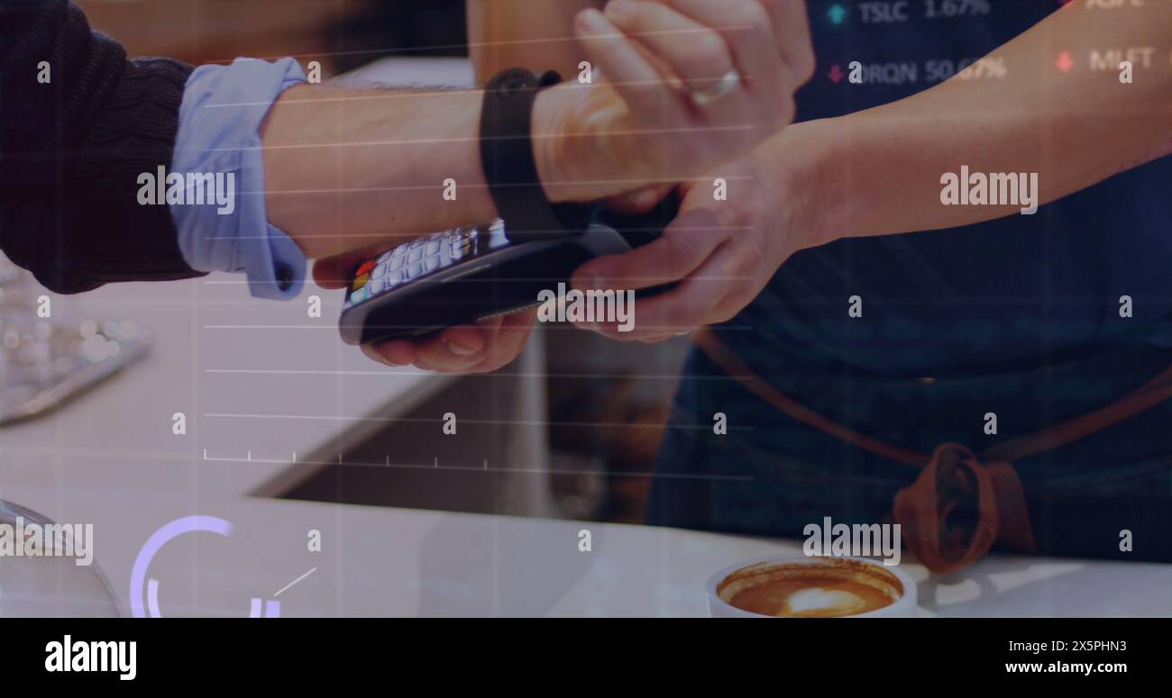 Image of data processing over mid section of man using smartwatch to ...