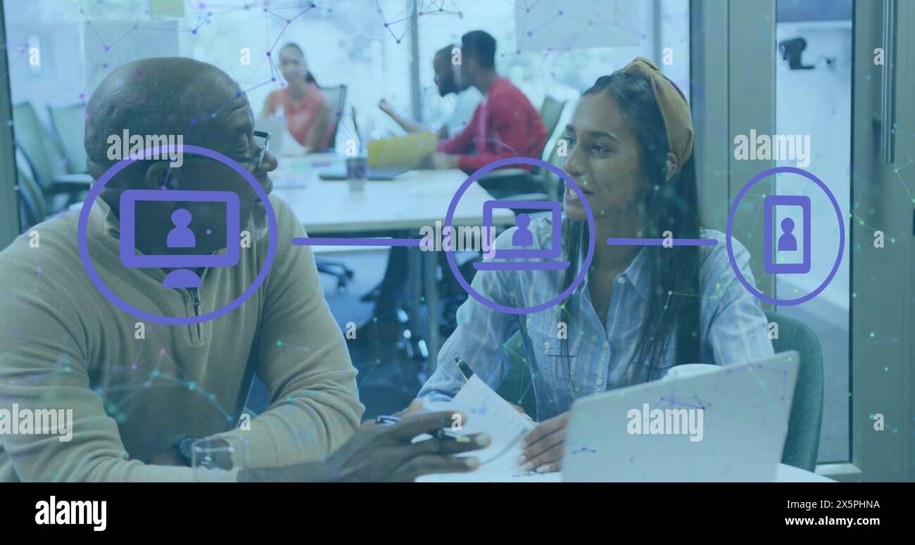 Image of icons and data processing over diverse business people Stock ...
