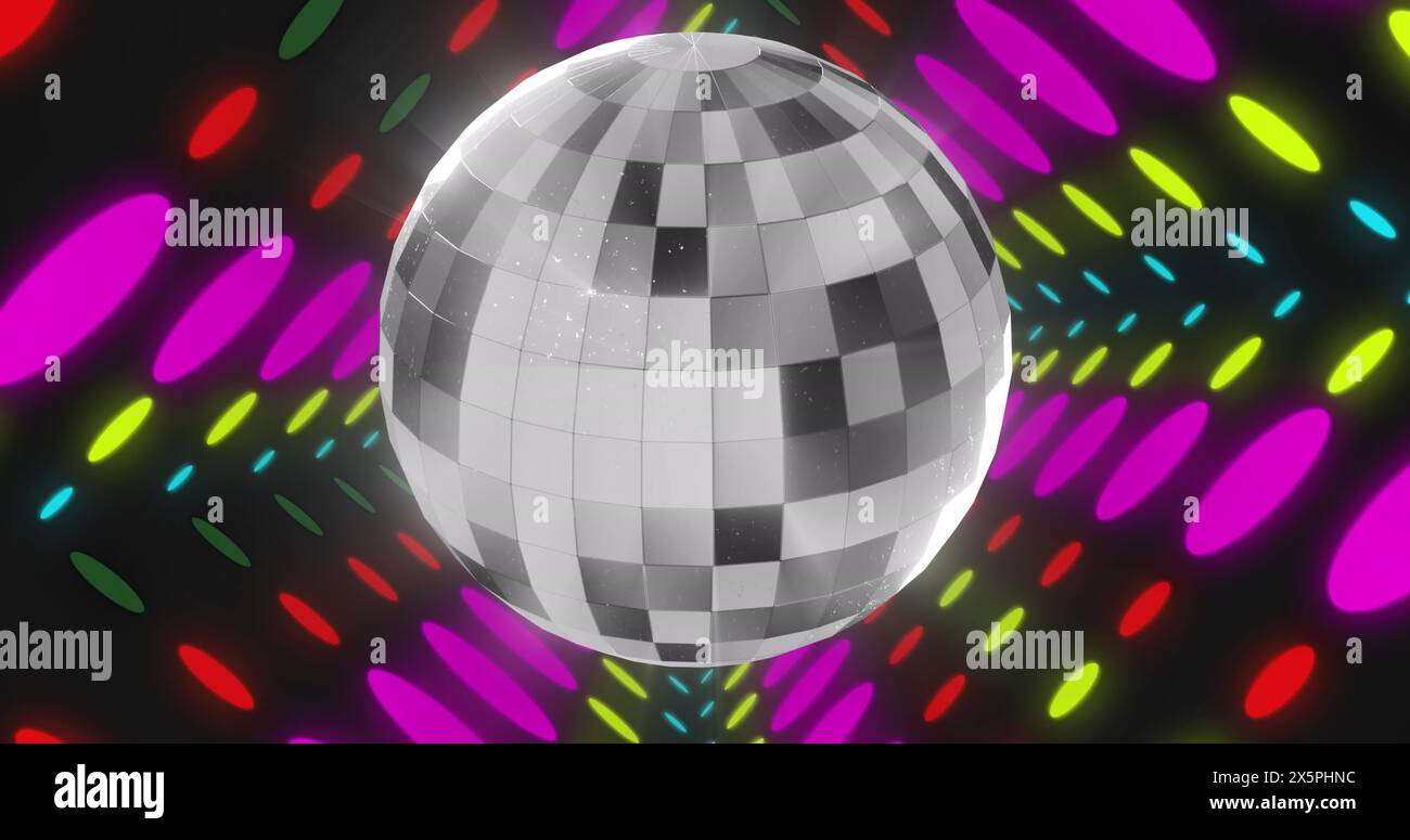 Image of disco ball over colorful spots on black background Stock Photo ...