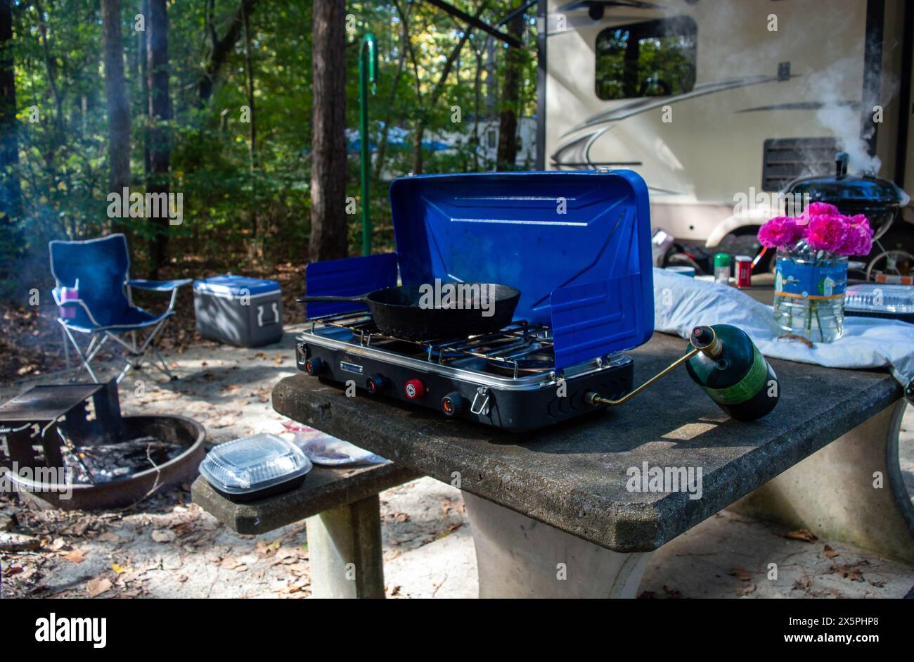 A small portable propane gas two burner stove serves as a convenient ...