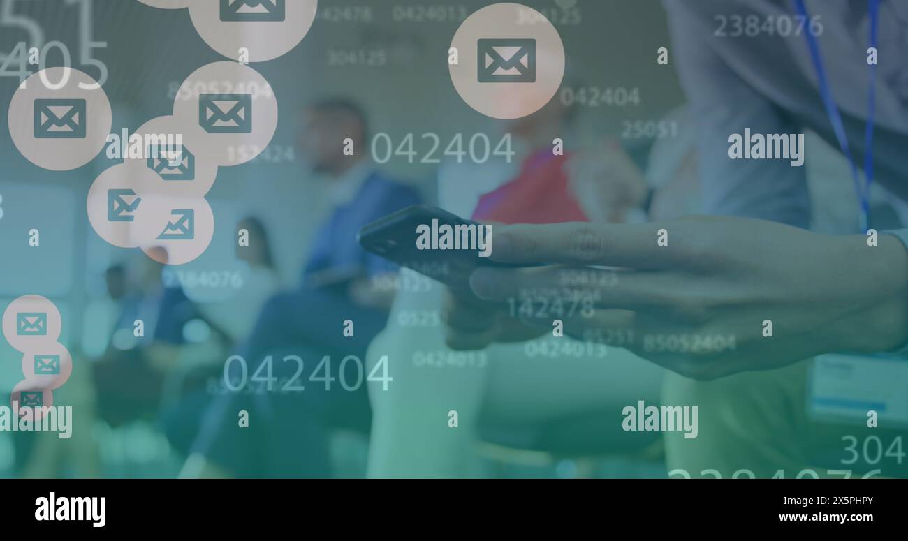 Image of changing numbers and message icons over mid section of a man ...