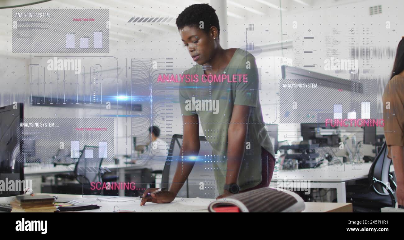 Image of graphs, text and computer language over african american woman using digital tablet ...