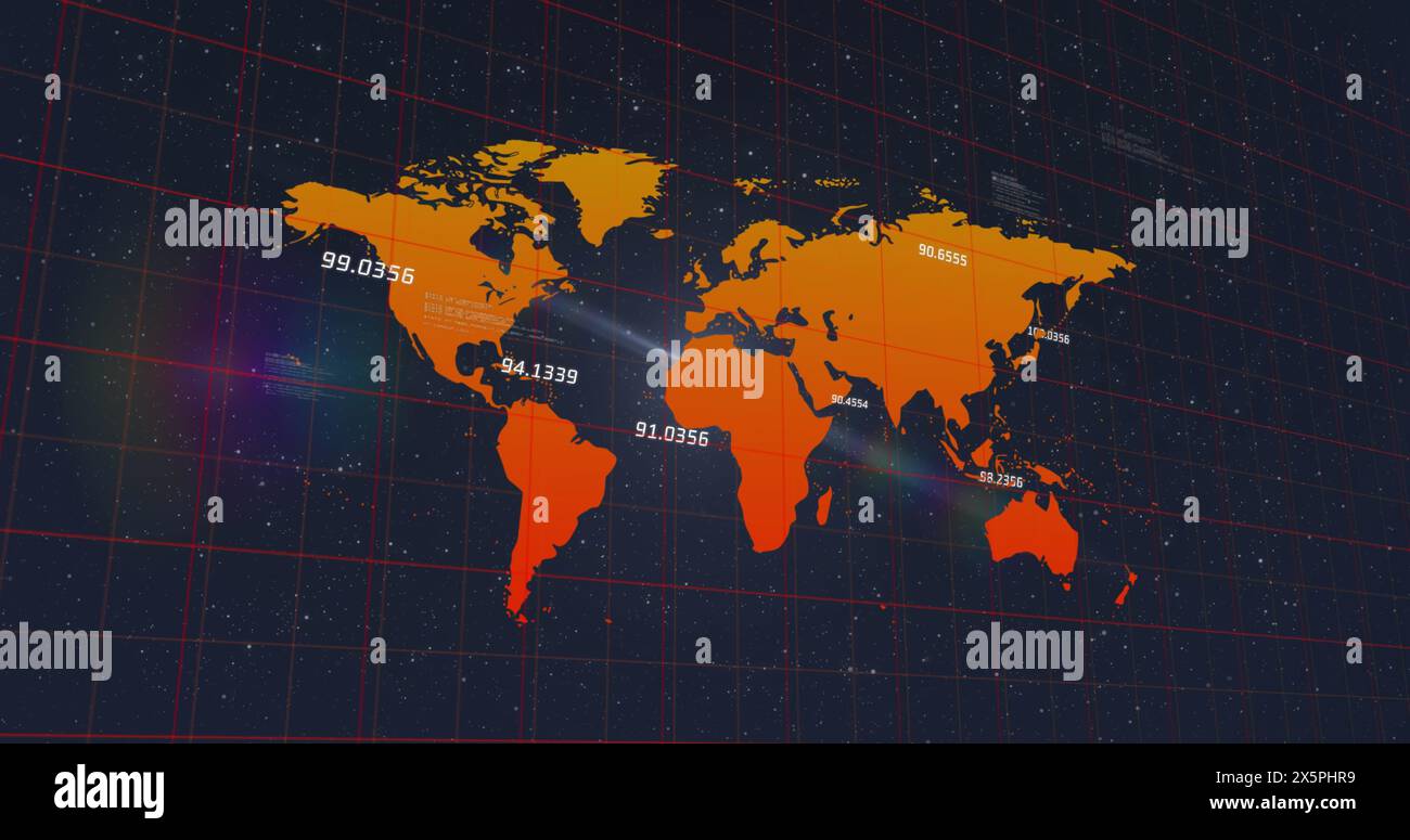 Image of numbers floating over world map against data processing on black background Stock Photo ...