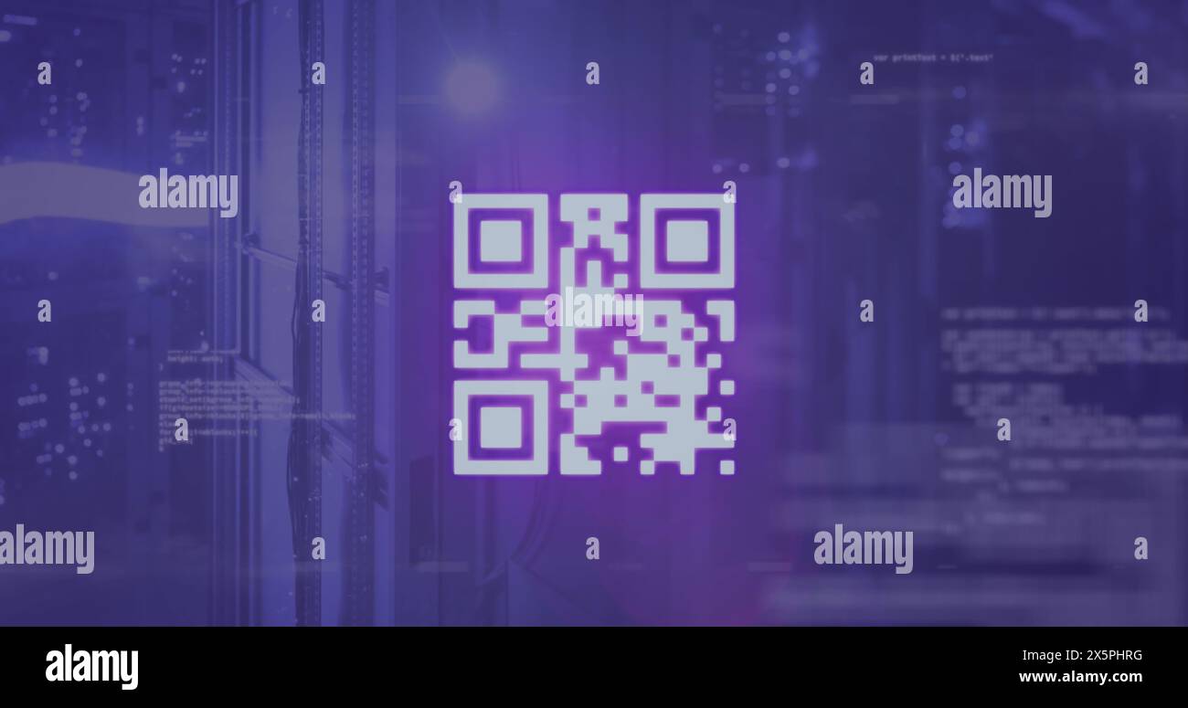 Image of qr code over computer language against server room in ...