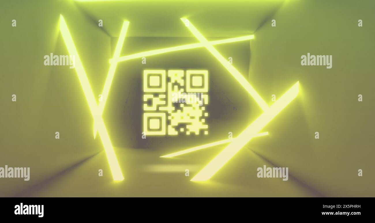 Image of qr code with neon lines on yellow background Stock Photo - Alamy