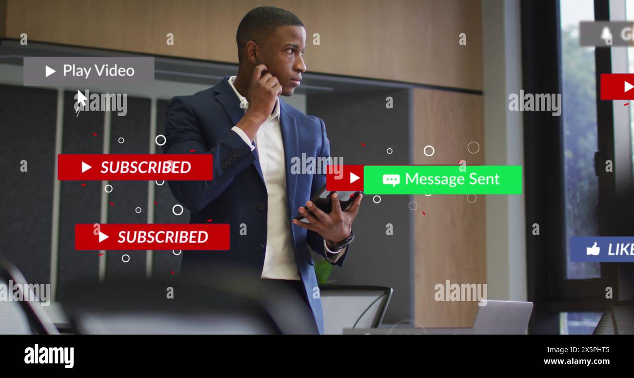 Image of social media icons and numbers over african american ...