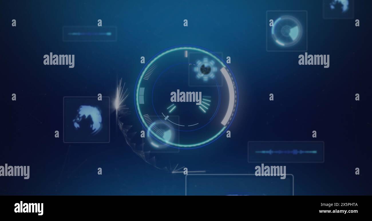 Image of screens with round scanners and data processing against blue background Stock Photo - Alamy