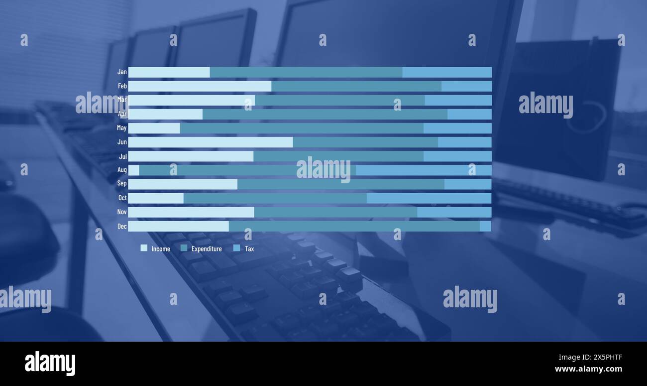 Blue and white graph processing data over computers on desks in empty ...