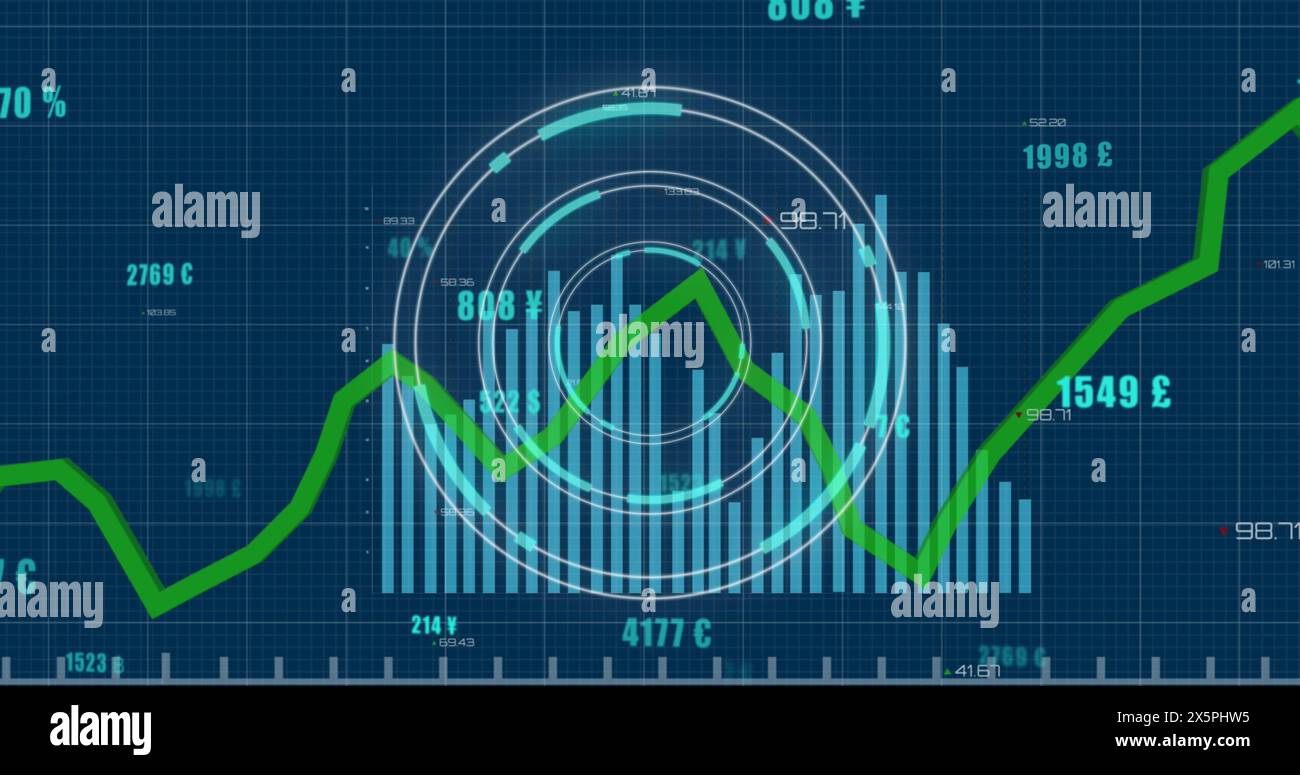 Image of round scanner and statistical data processing over grid network against blue background ...