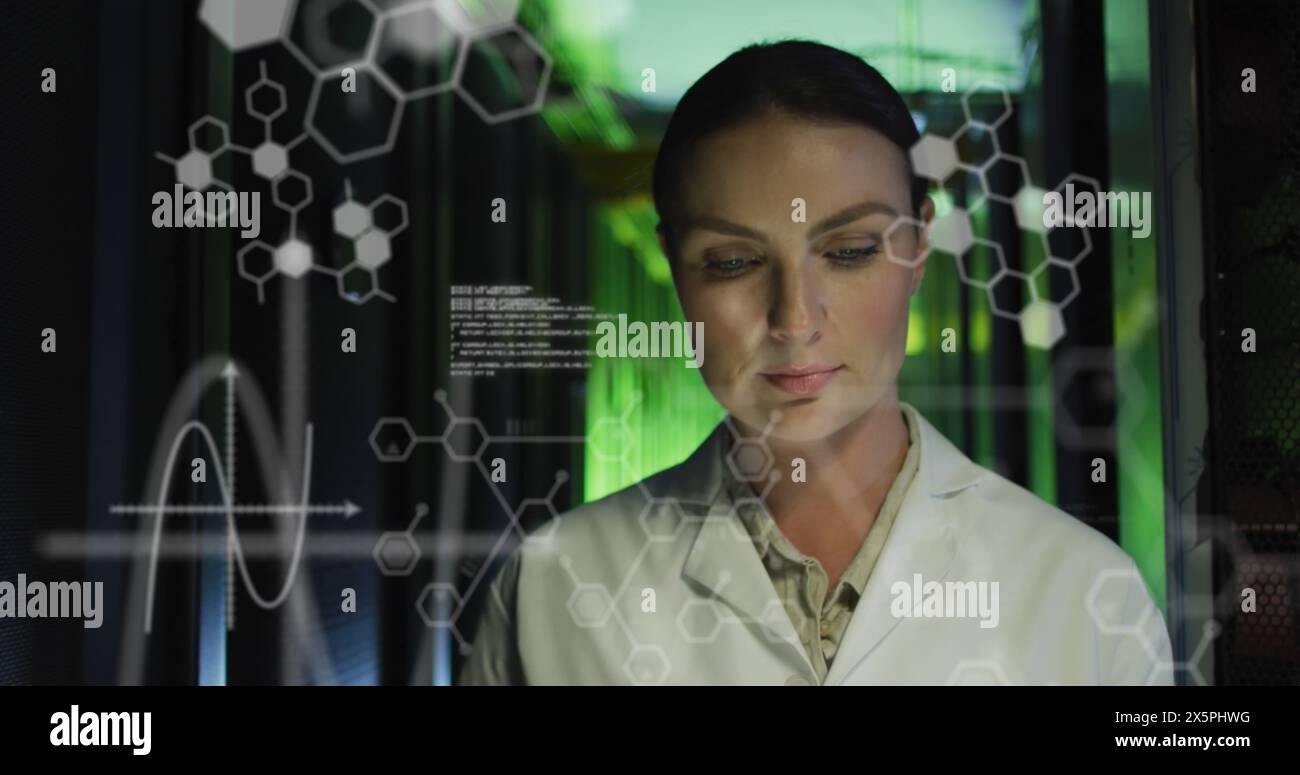 Image Of Medical Data Processing Over Thoughtful Caucasian Female Engineer At Server Room Stock