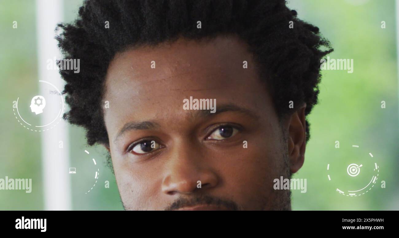 Animation icons over portrait african hi-res stock photography and ...