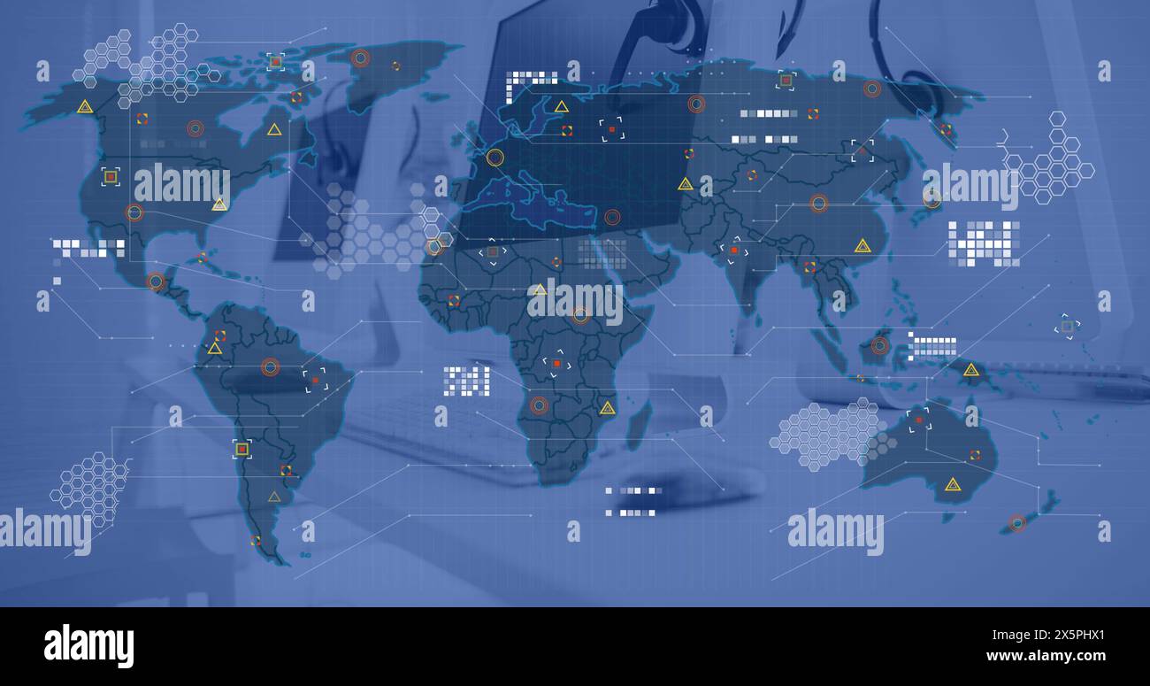 Image of world map and data processing against office desk Stock Photo ...